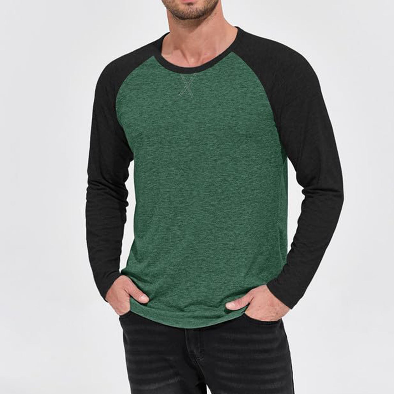 gbyLJF Men's Crewneck T-shirts Spring Color Blocked Long Sleeve Tee ...