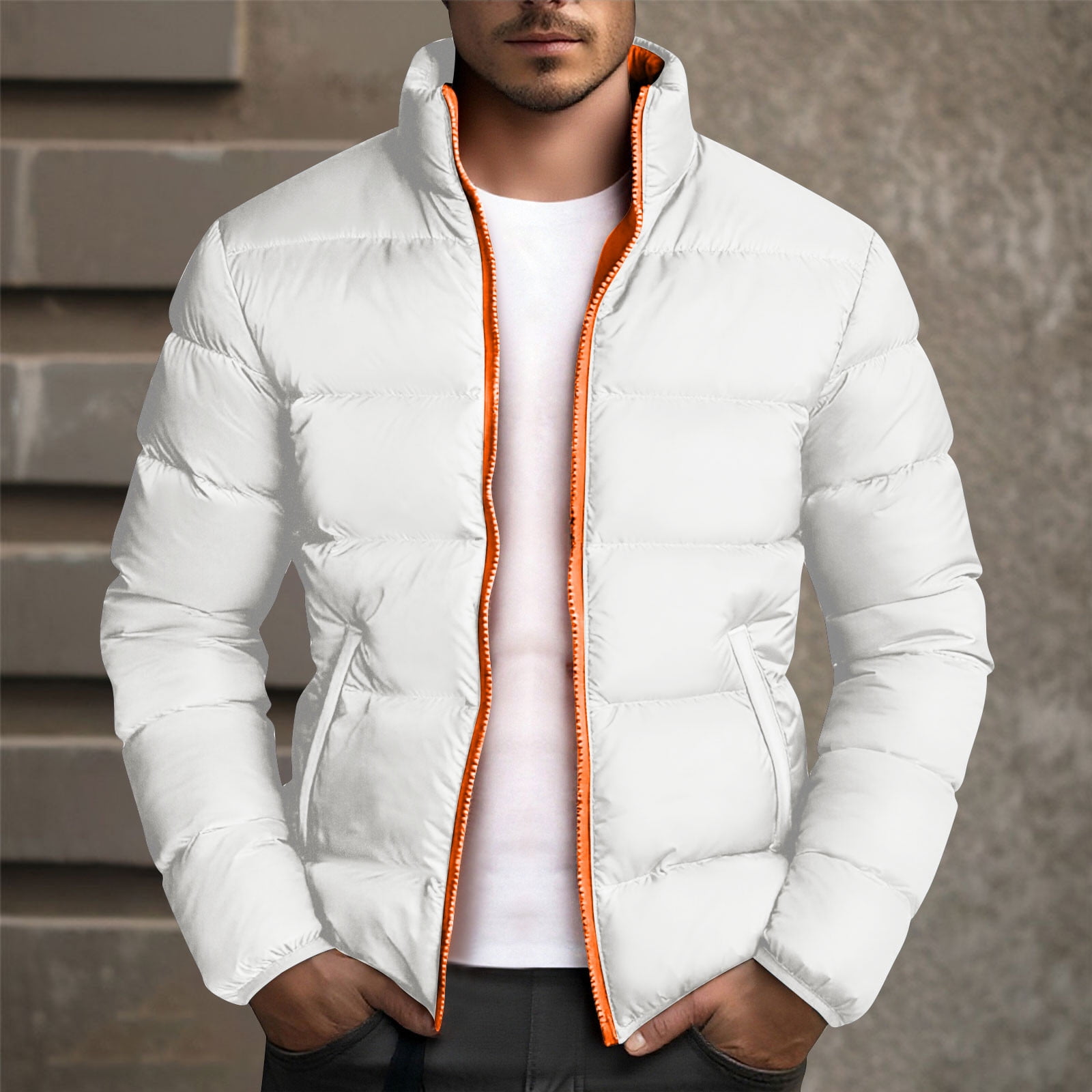 gbyLJF Men's Lightweight Zipper Down Jackets Winter Long Sleeve Solid Color Coats Casual Stand ...