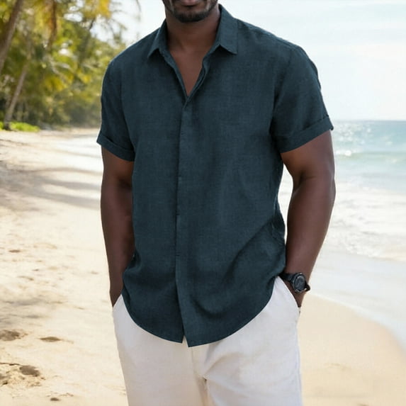 gbyLJF Men's Linen Shirts Solid Color Short Sleeve Casual Button Down ...