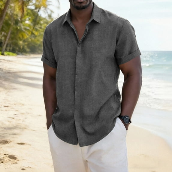 gbyLJF Men's Linen Shirts Solid Color Short Sleeve Casual Button Down ...