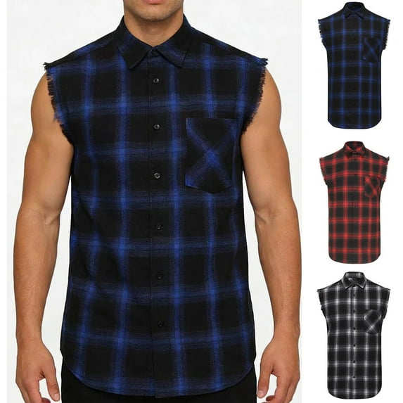 gbyLJF Men's Sleeveless Plaid Shirts Casual Button Down Turndown Collar ...
