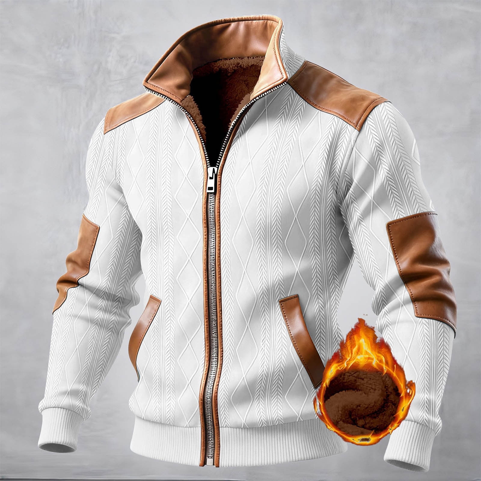 gbyLJF Men's Zipper Jackets Long Sleeve Leather Patchwork Tops Coats ...