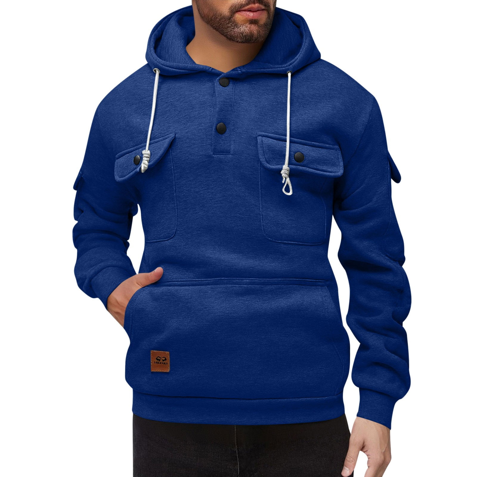 gbyLJF Mens Hooded Sweatshirt Solid Color Long Sleeve Button Collar ...