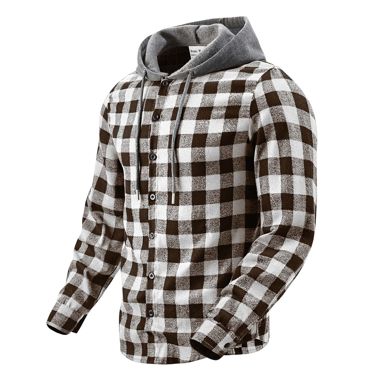 gbyLJF Mens Open Front Hoodie Checked Long Sleeve Hooded Fleece Tops ...