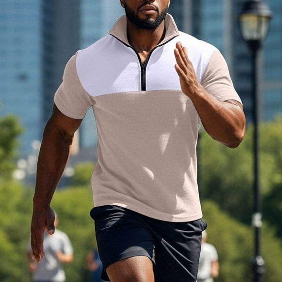 gbyLJF Mens Quarter Zip T-shirts Color Block Short Sleeve Shirts Casual ...