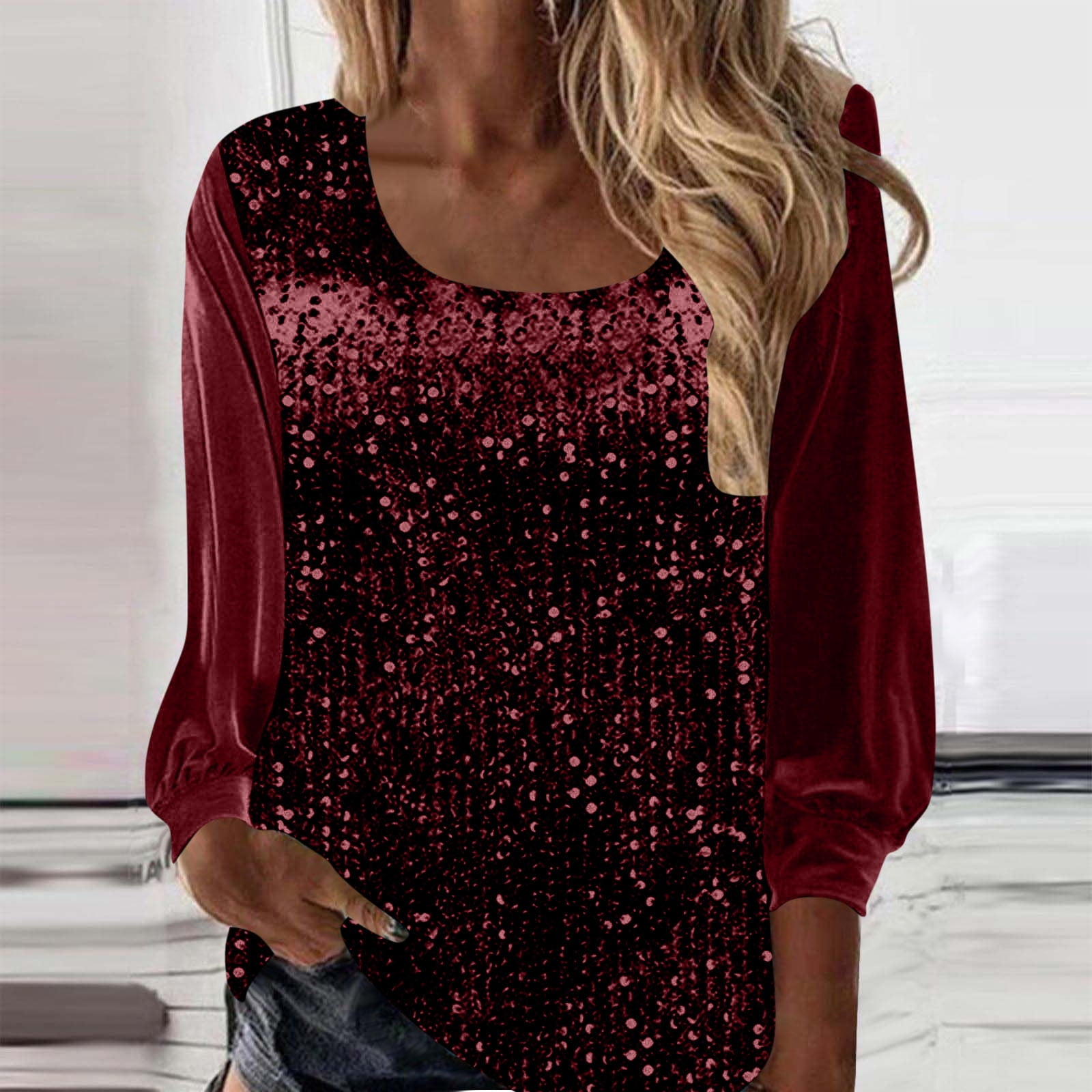 gbyLJF Sequin Tops for Women Long Sleeve Solid Color U-neck Glitter ...