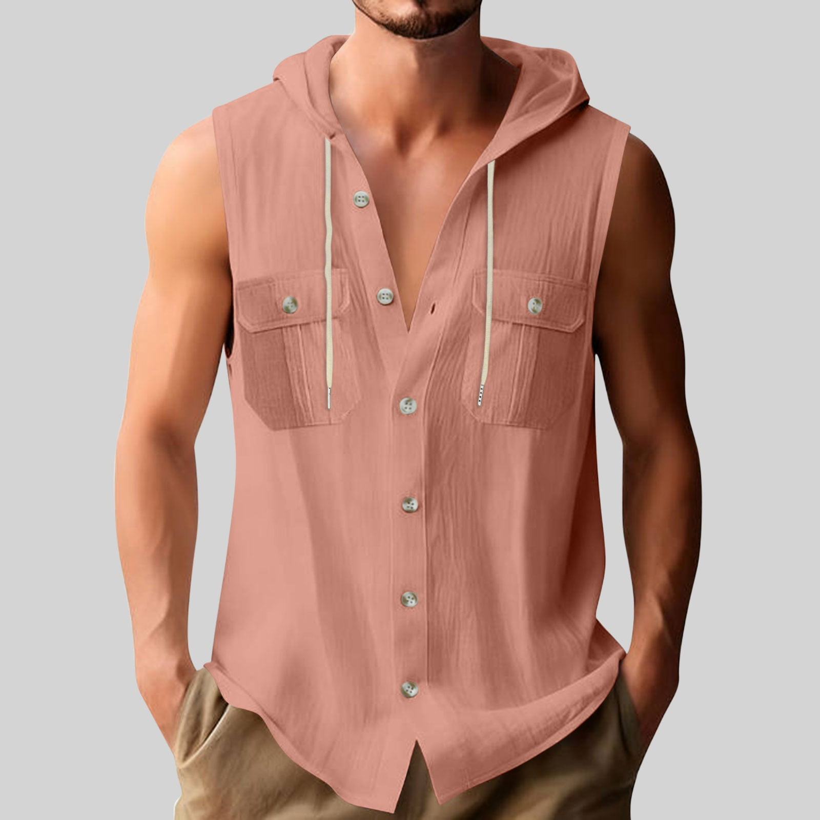 gbyLJF Sleeveless Pockets Shirts for Men Solid Color Button Down Shirts ...