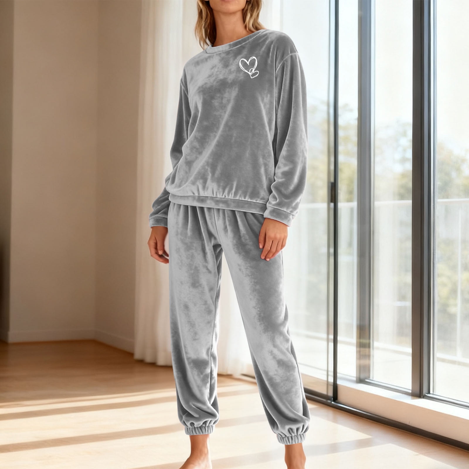 gbyLJF Thermal Fleece Pajama Set for Women Solid Color Round Neck Long ...