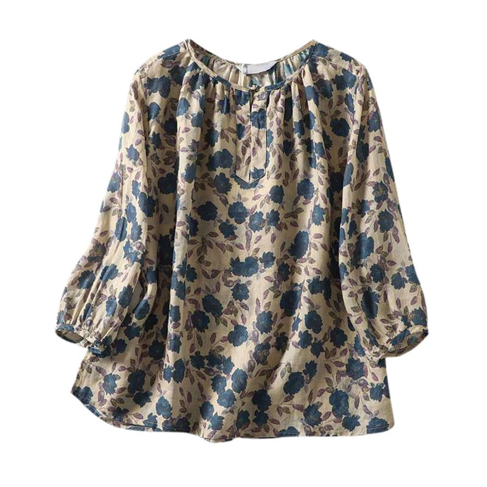 gbyLJF Women 3/4 Sleeve Shirts Fashion Floral Print Blouse Tops ...