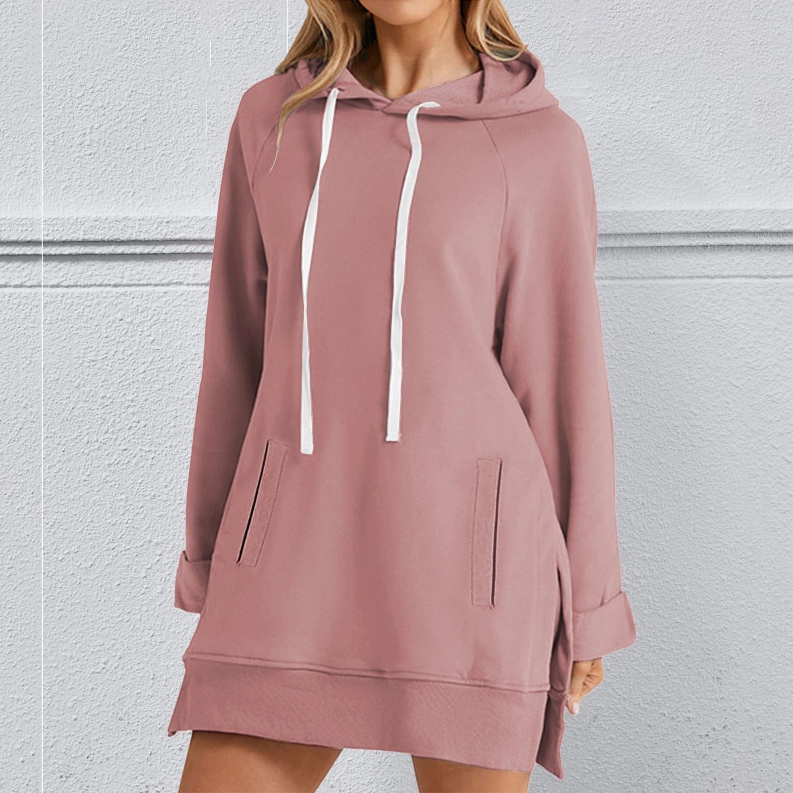 gbyLJF Women Hoodies Dress Solid Color Drawstring Hooded Sweatshirts ...