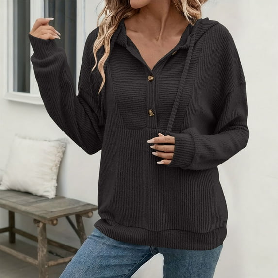 gbyLJF Women Hoodies Sweater Knit V Neck Tops Loose Fit Hooded Pullover ...