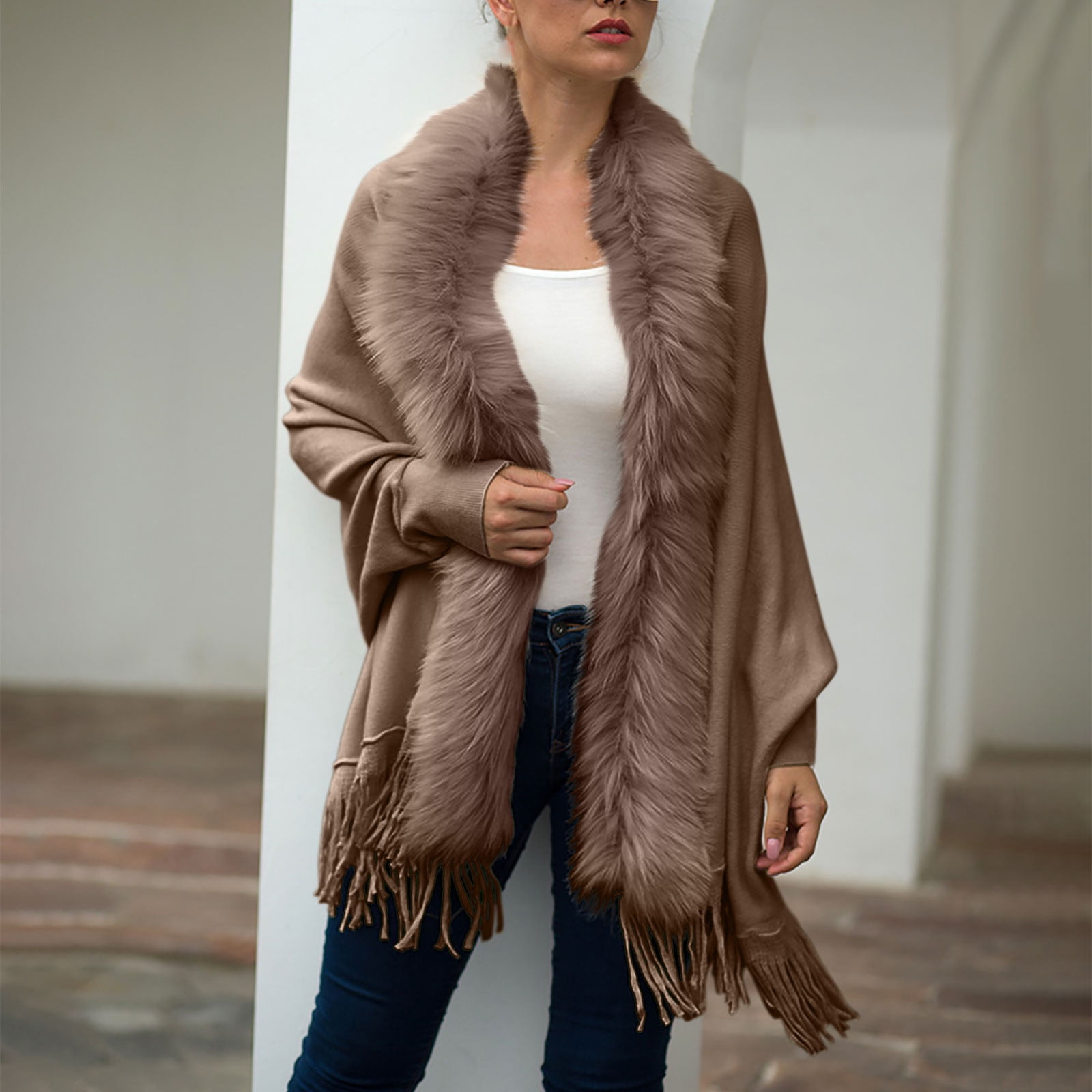 gbyLJF Women Luxury Faux Fur Shawl Wraps Cloak Coat Sweater Cape ...