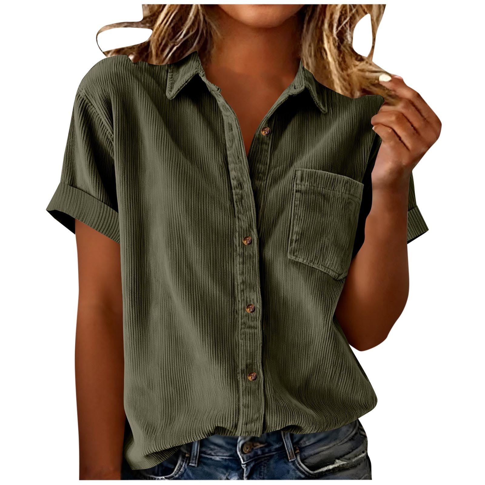 gbyLJF Women's Button Up Shirts Casual Solid Color Corduroy Turndown ...
