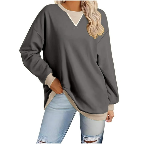 gbyLJF Women's Color Block Sweatshirts Long Sleeve Round Neck T-shirts ...