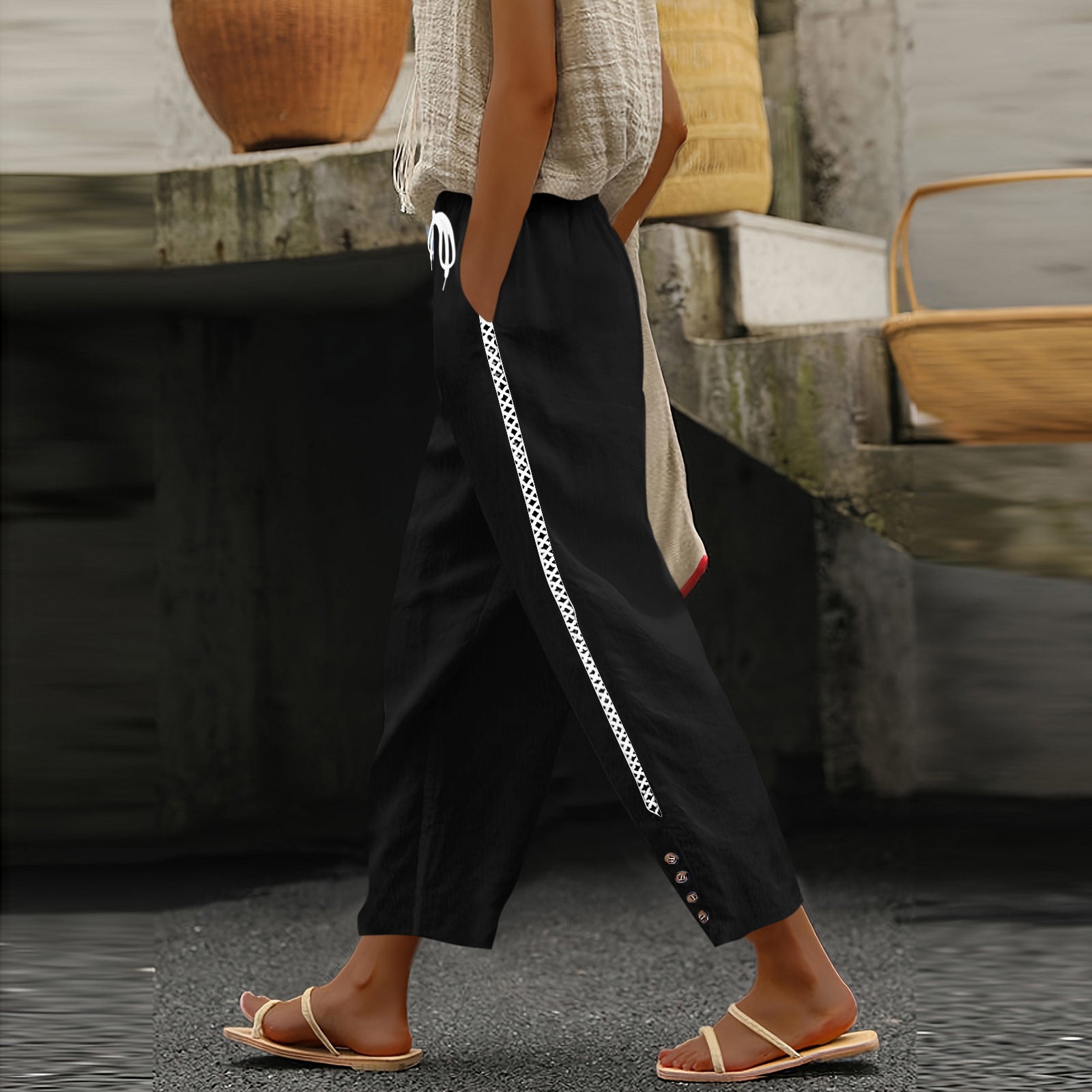 gbyLJF Women's Cotton Linen Pants Lightweight Straight Leg Pants with ...
