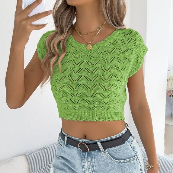 gbyLJF Women's Crop Tops Casual Round Neck Sleeveless Knit Hollow Out ...