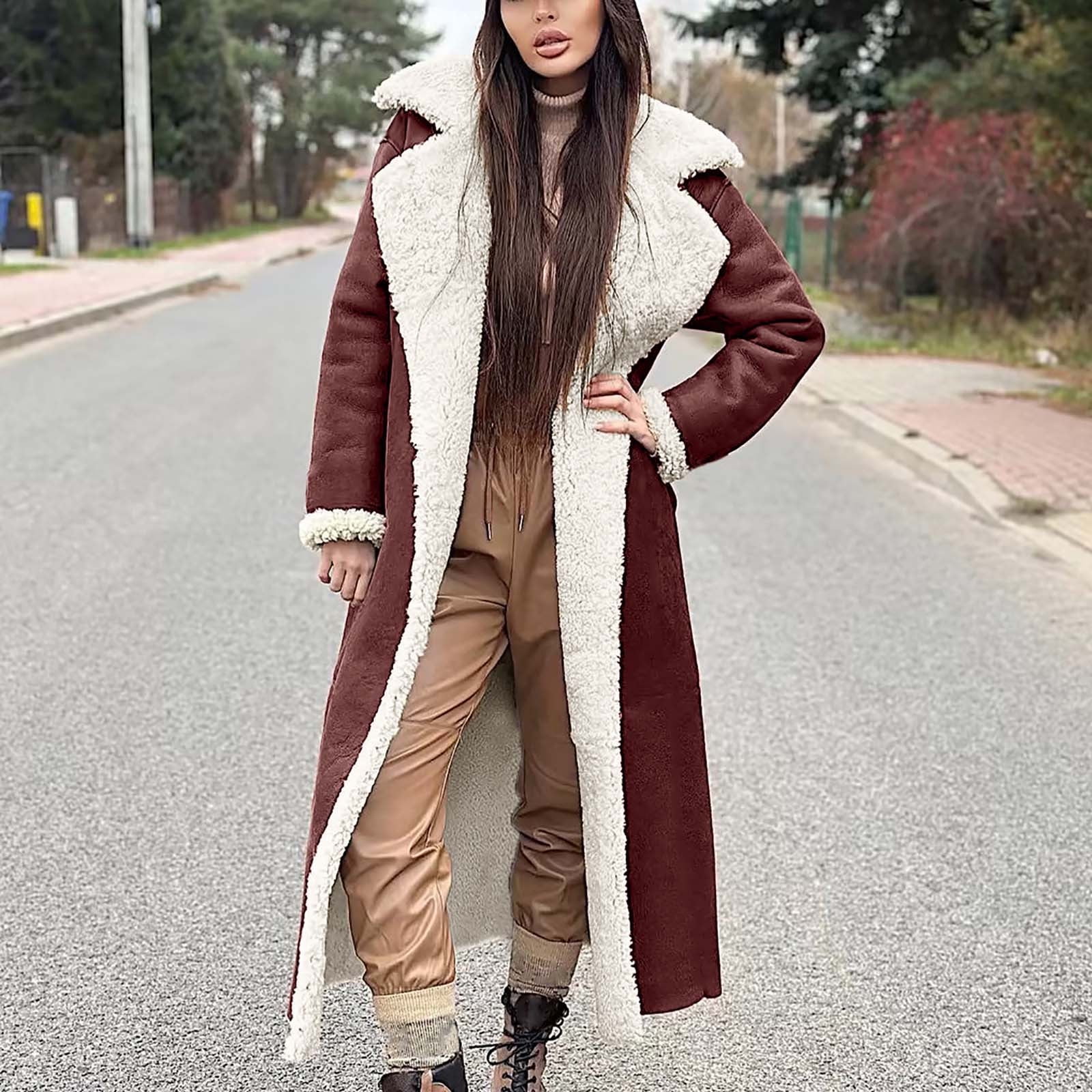 gbyLJF Women's Overcoats Sherpa Lined Winter Coats Trendy Notched Lapel Long Fleece Jacket Warm ...