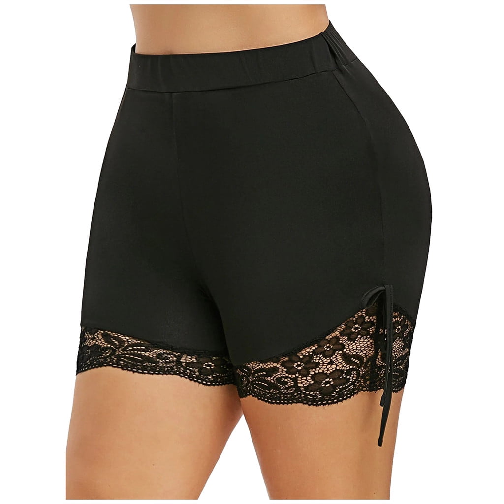 gbyLJF Women's Plus Size Lace Trim Bike Dancing Stretchy Shorts Shorts Elastic High Waisted Gym ...