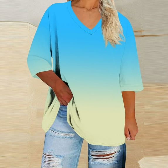 gbyLJF Women's Plus Size Tops 3/4 Sleeve V Neck T Shirts Loose Fit Tee ...