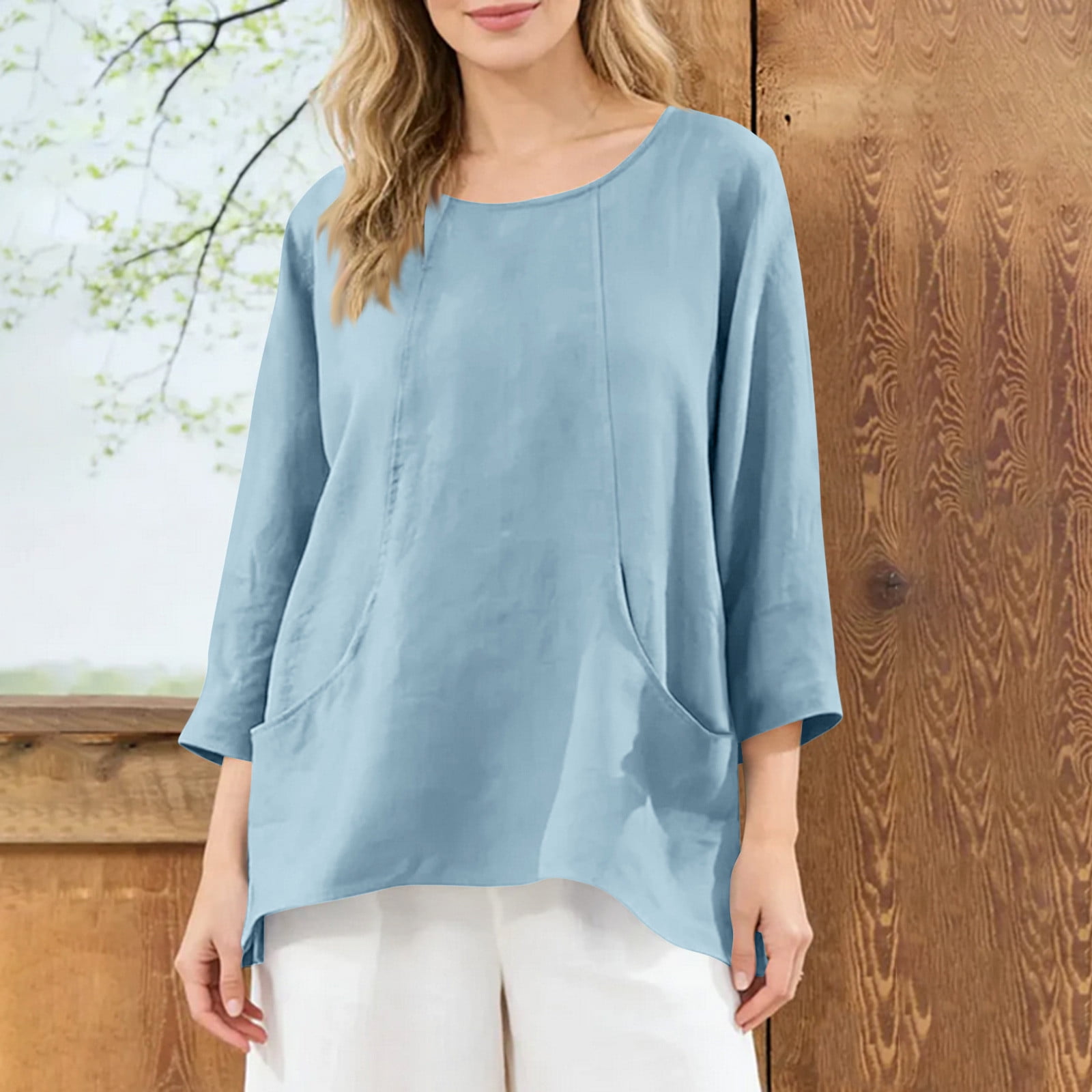 gbyLJF Women's Round Neck T-shirts Loose Fit Solid Color Long Sleeve ...