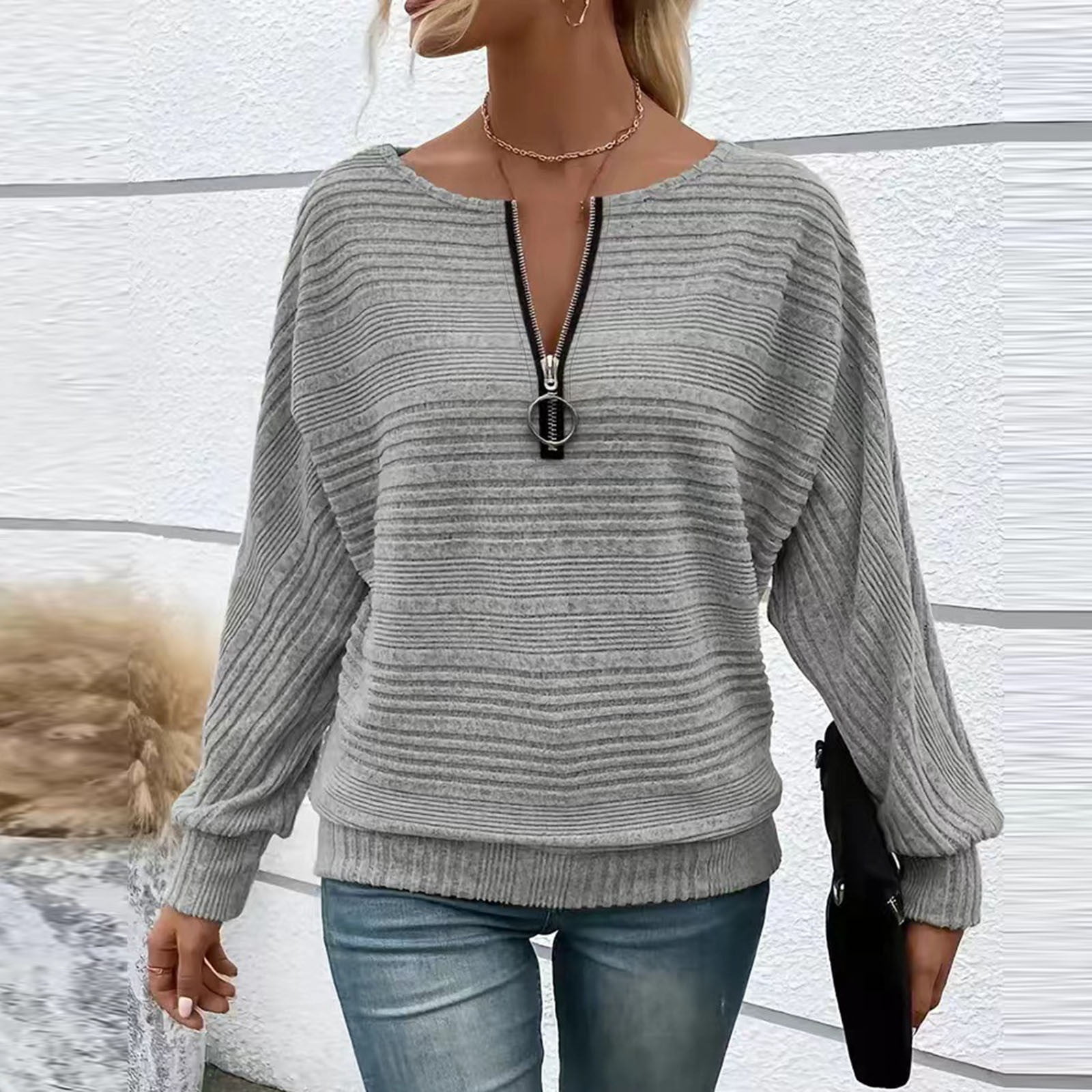 gbyLJF Women's Tops Quarter Zip Fall Winter Solid Color Tunics Shirts ...
