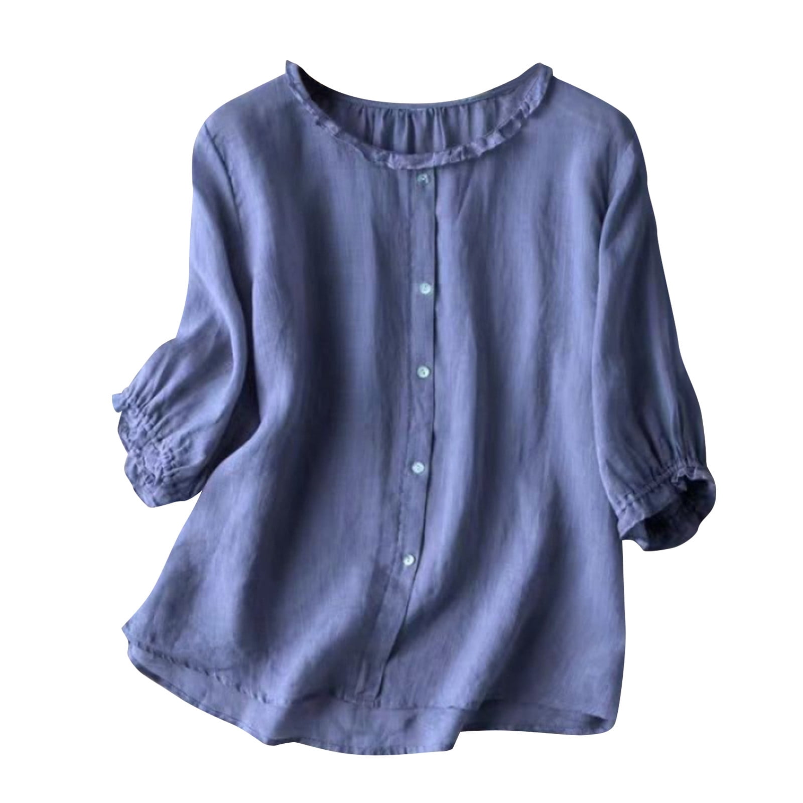gbyLJF Women's Vintage Embroidery Tops Cotton Linen Button 3/4 Sleeve ...