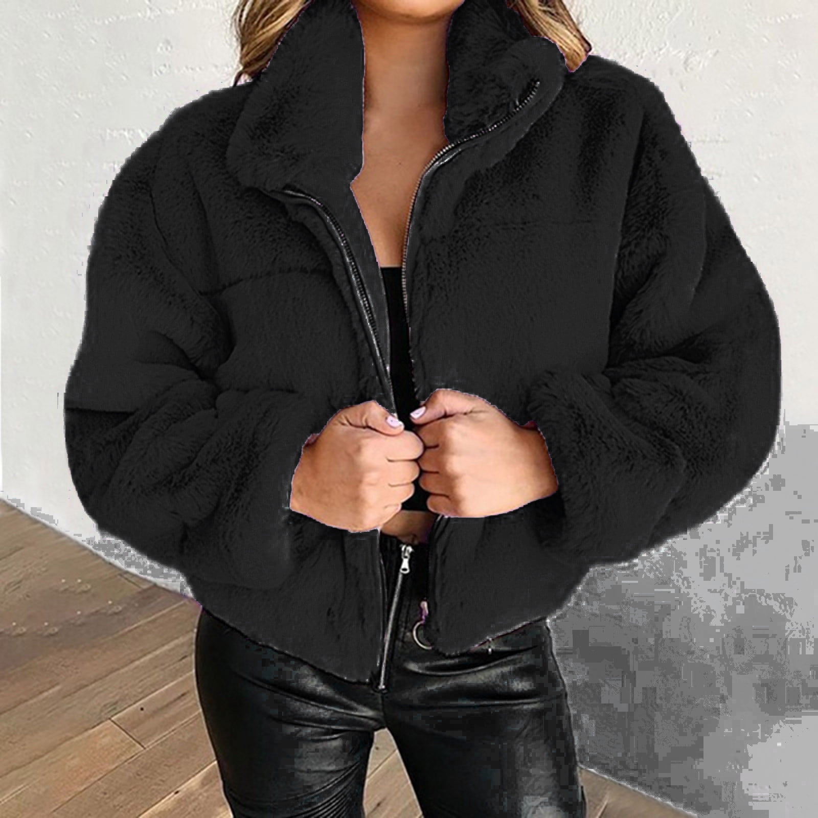 gbyLJF Women's Zip Up Faux Fur Cropped Coat Casual Long Sleeve Sherpa ...