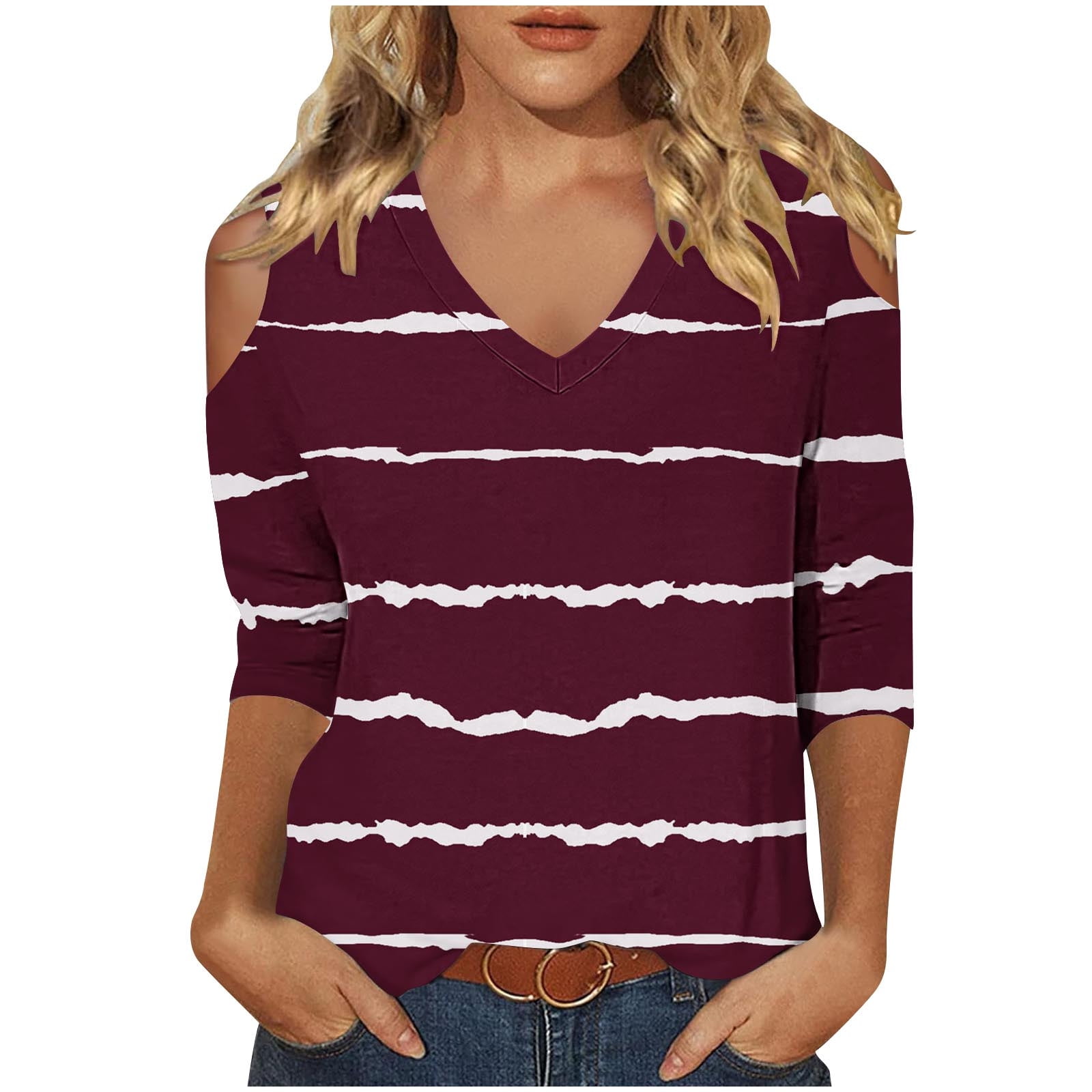 gbyLJF Womens 3/4 Sleeve Shirts 2024 Fashion Stripes Print Fall Casual ...