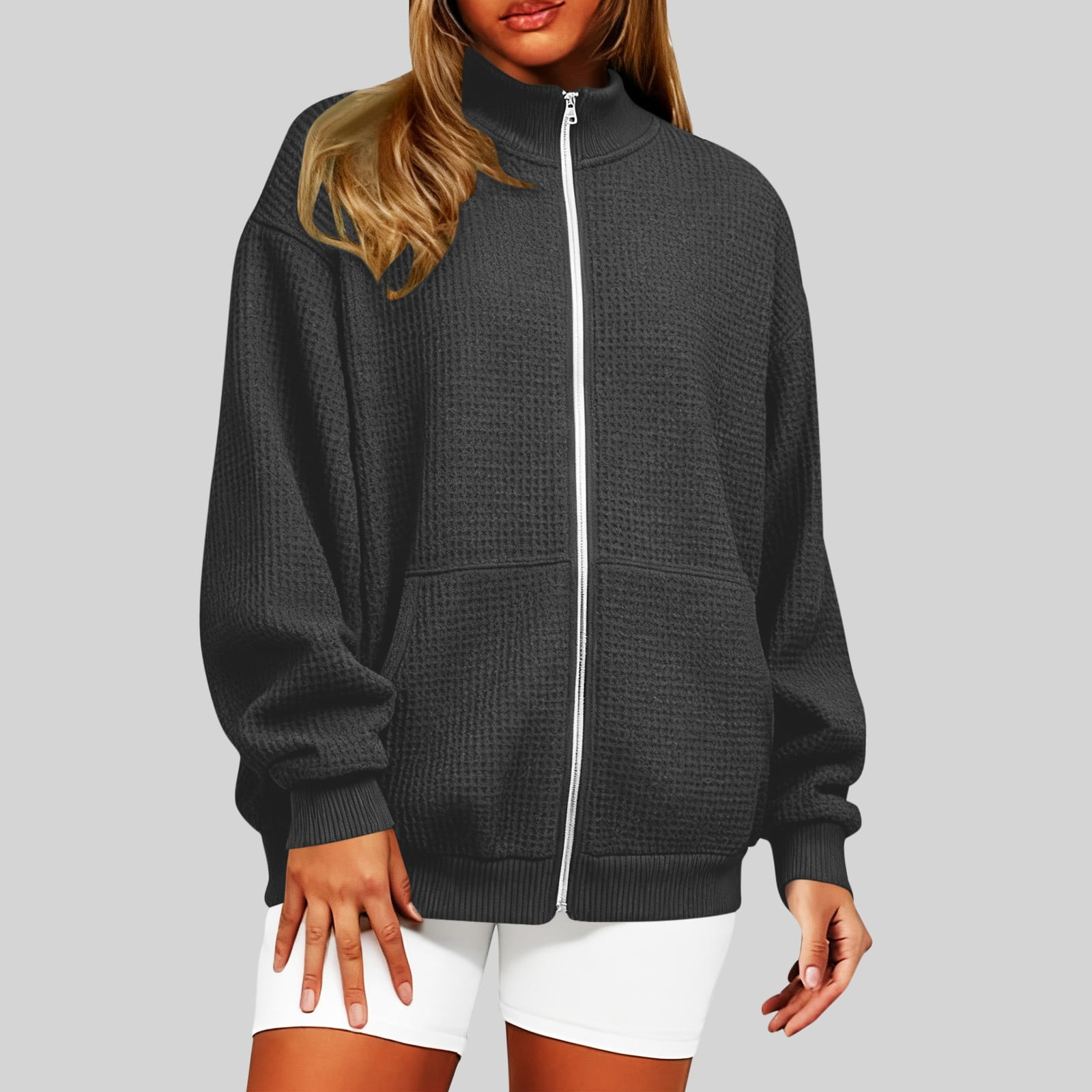 gbyLJF Womens Full Zip Jackets Long Sleeve Casual Loose Fit Sweatshirt ...