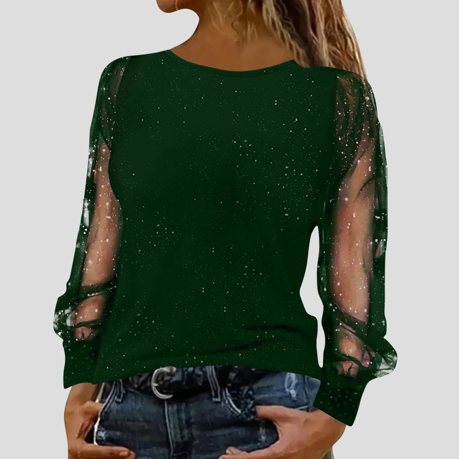 gbyLJF Womens Glitter Shirts Solid Color Mesh Round Neck T-shirt Casual ...