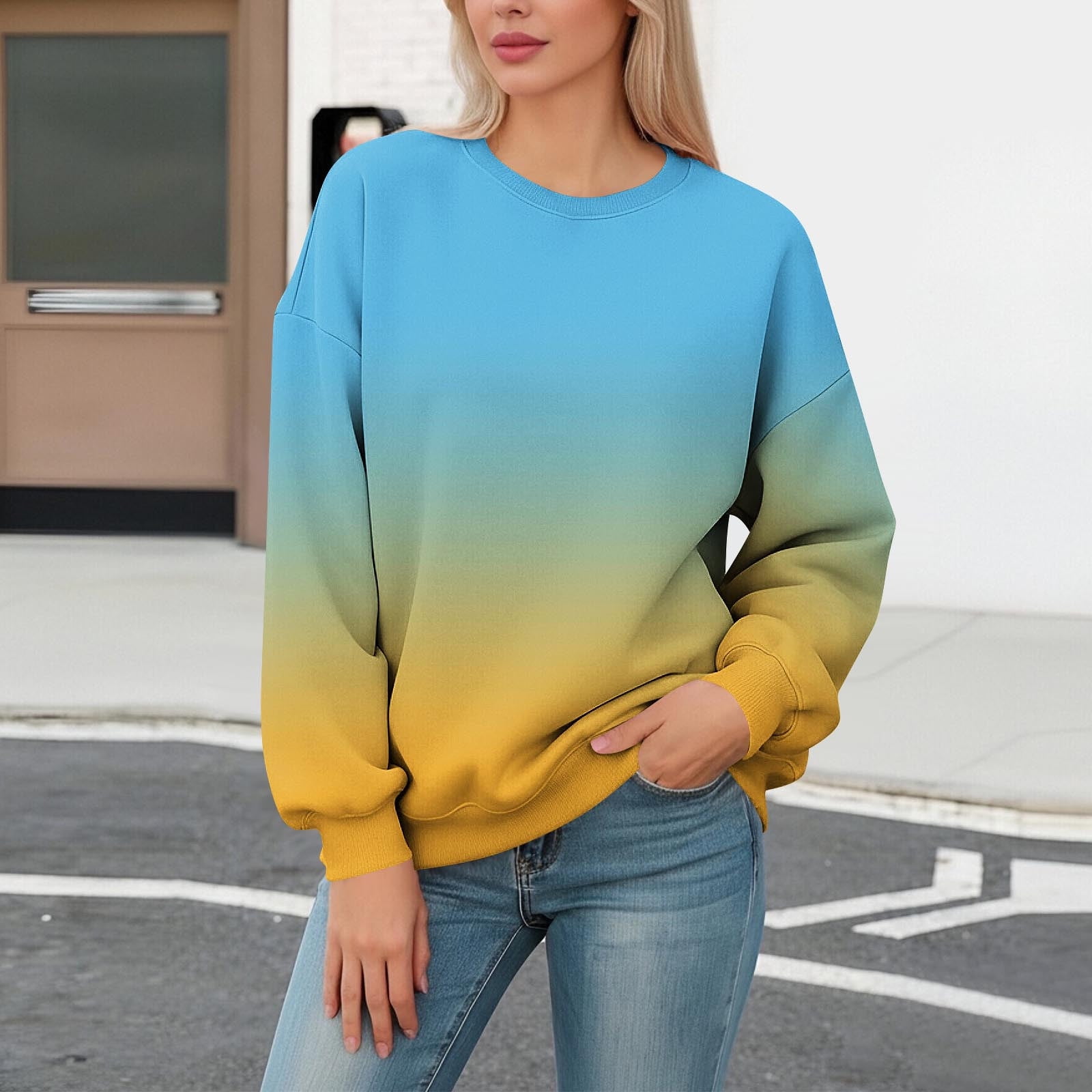 gbyLJF Womens Long Sleeve Tops Fall Gradient Print Crewneck Pullover ...