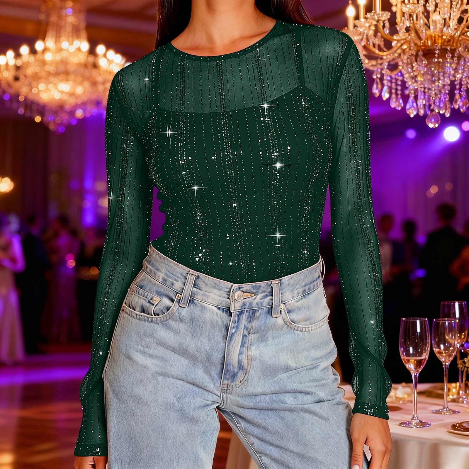 gbyLJF Womens Mesh Tops Solid Color See Through Shirts Long Sleeve Slim ...