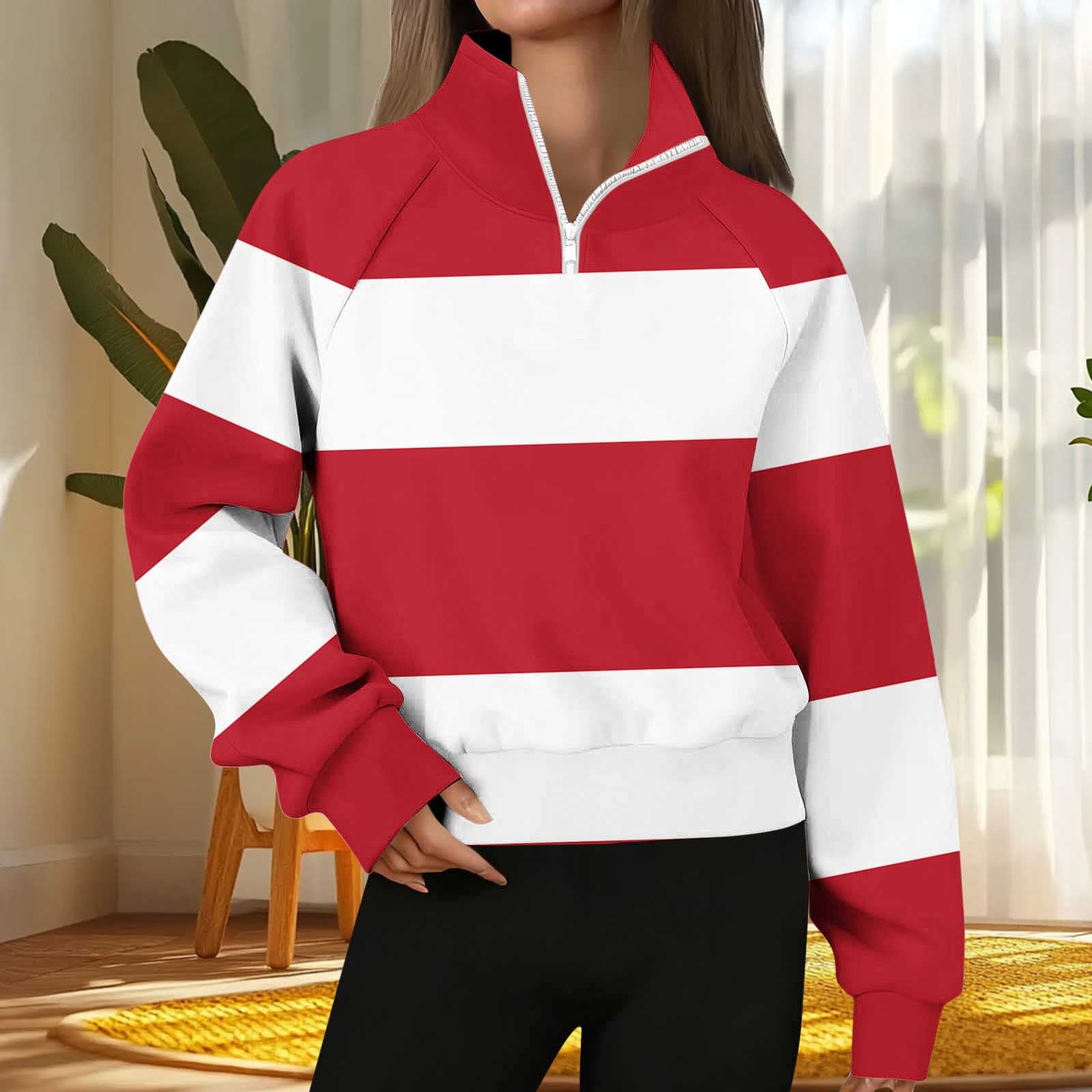 gbyLJF Womens Quarter Zipper Pullover Sweater Red and White Striped ...