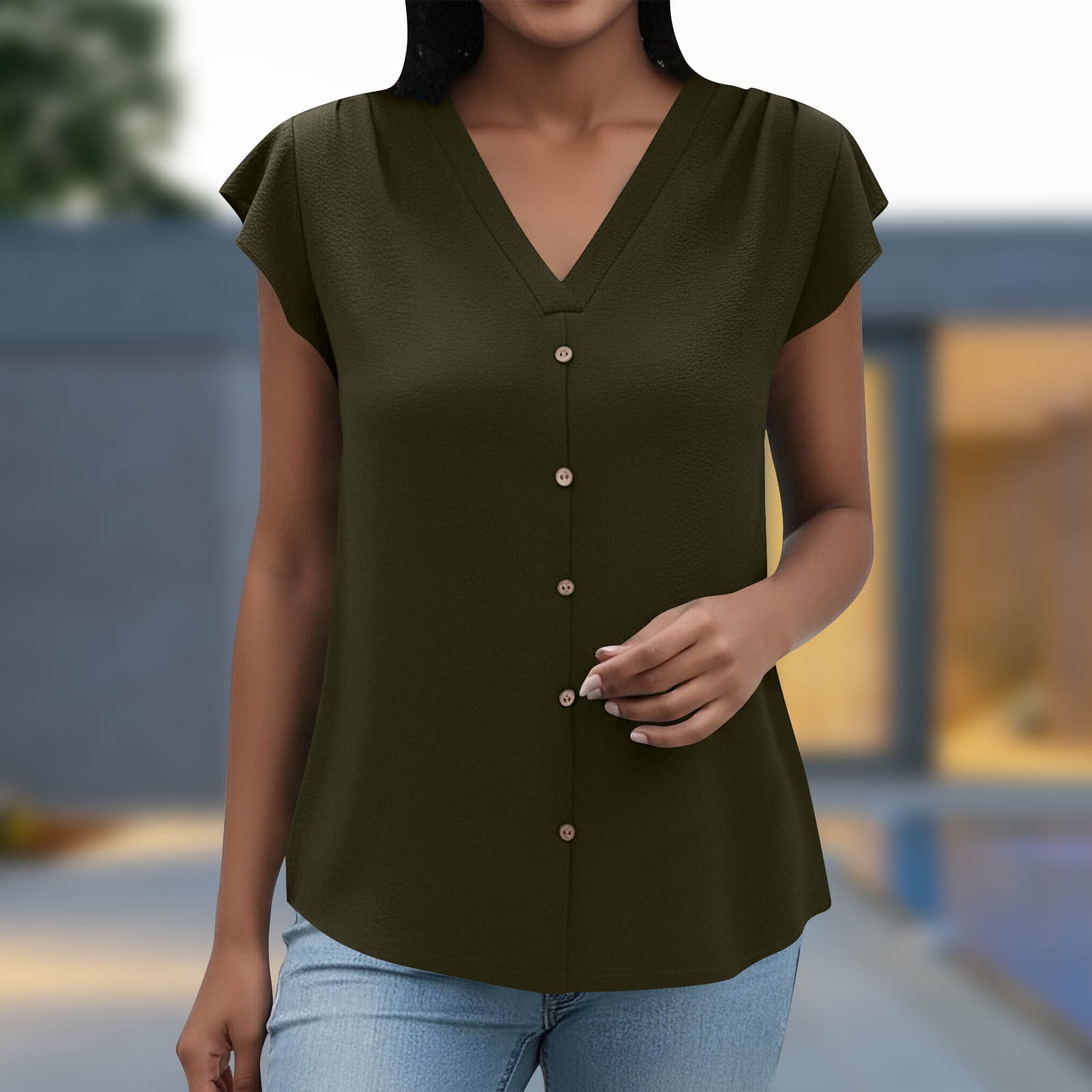 gbyLJF Womens Short Sleeve Shirts Spring V-neck Button Solid Color ...