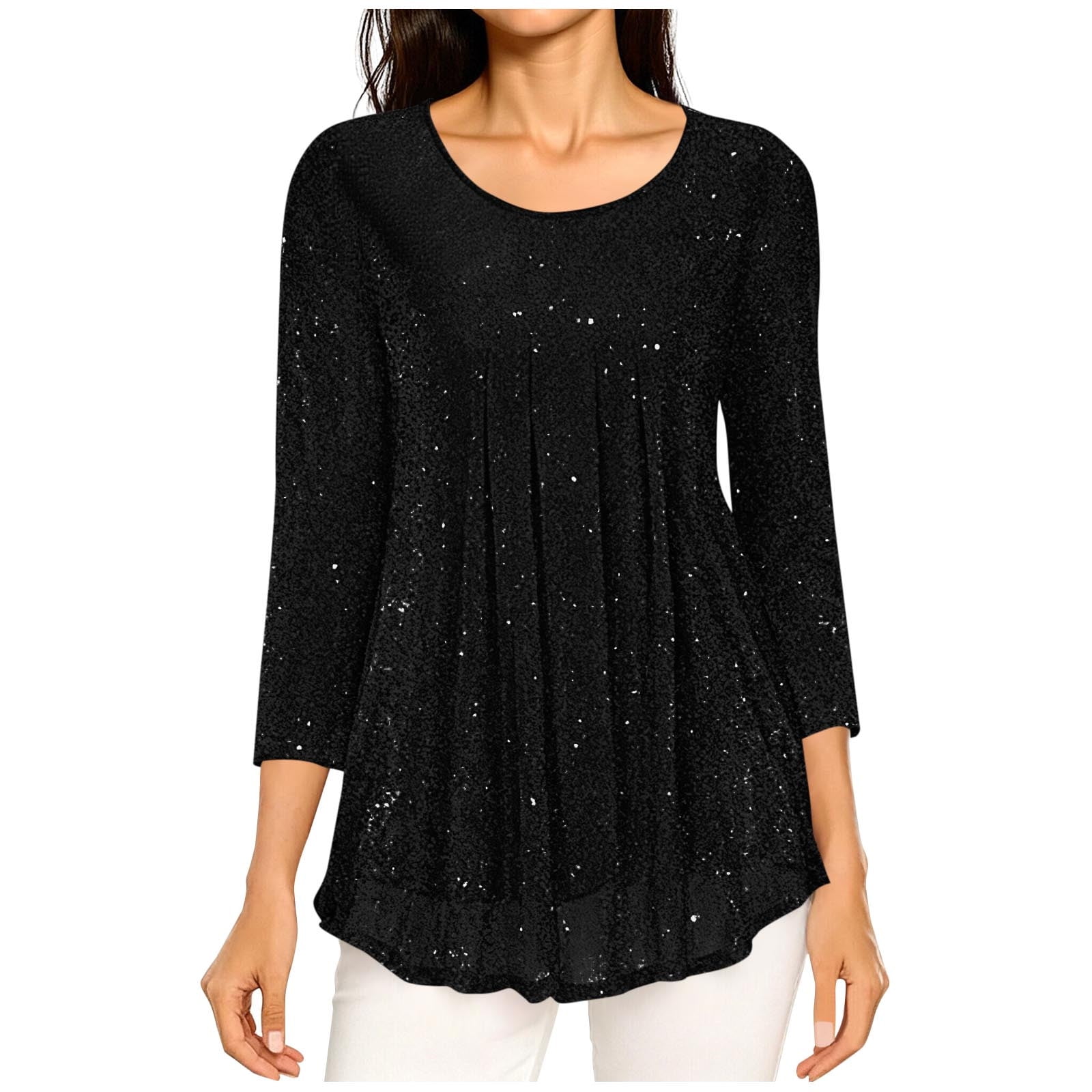 gbyLJF Womens Sparkly Tops Solid Color Dressy Ruffle 3/4 Sleeve Blouses ...