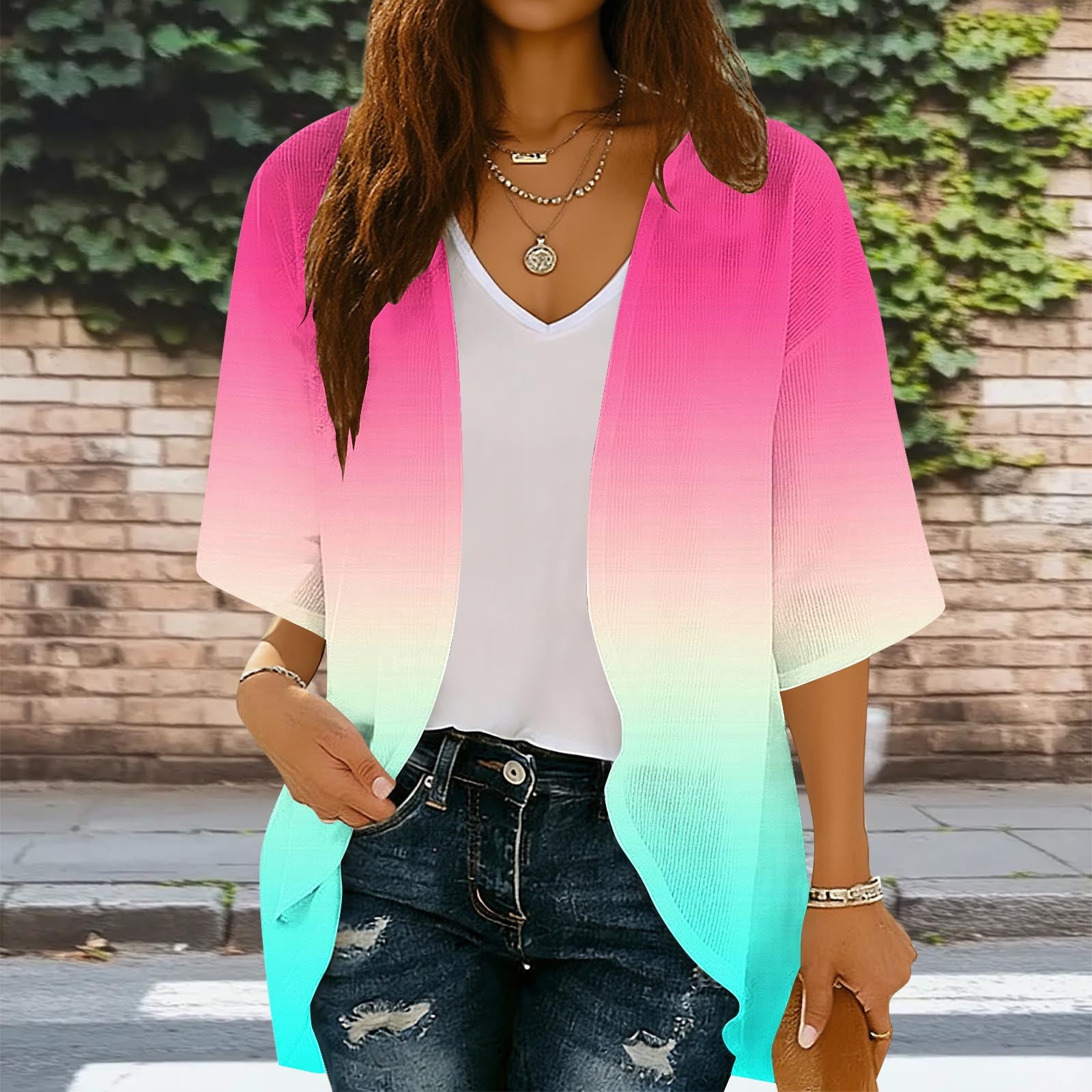 gbyLJF Womens Summer Lightweight Cardigan 3/4 Sleeve Spring Open Front ...