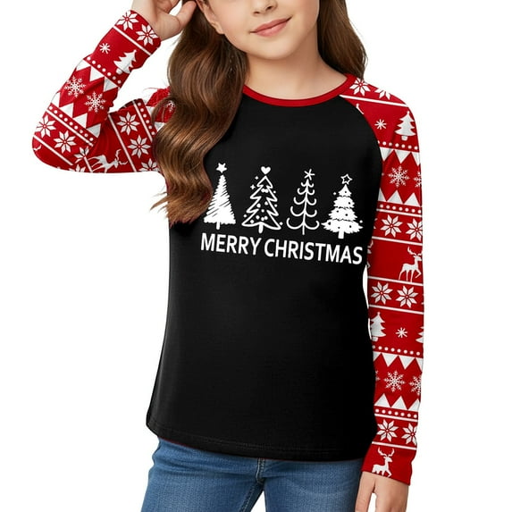 gcong Christmas Shirts for Girls Xmas Tree Print Raglan Long Sleeve ...