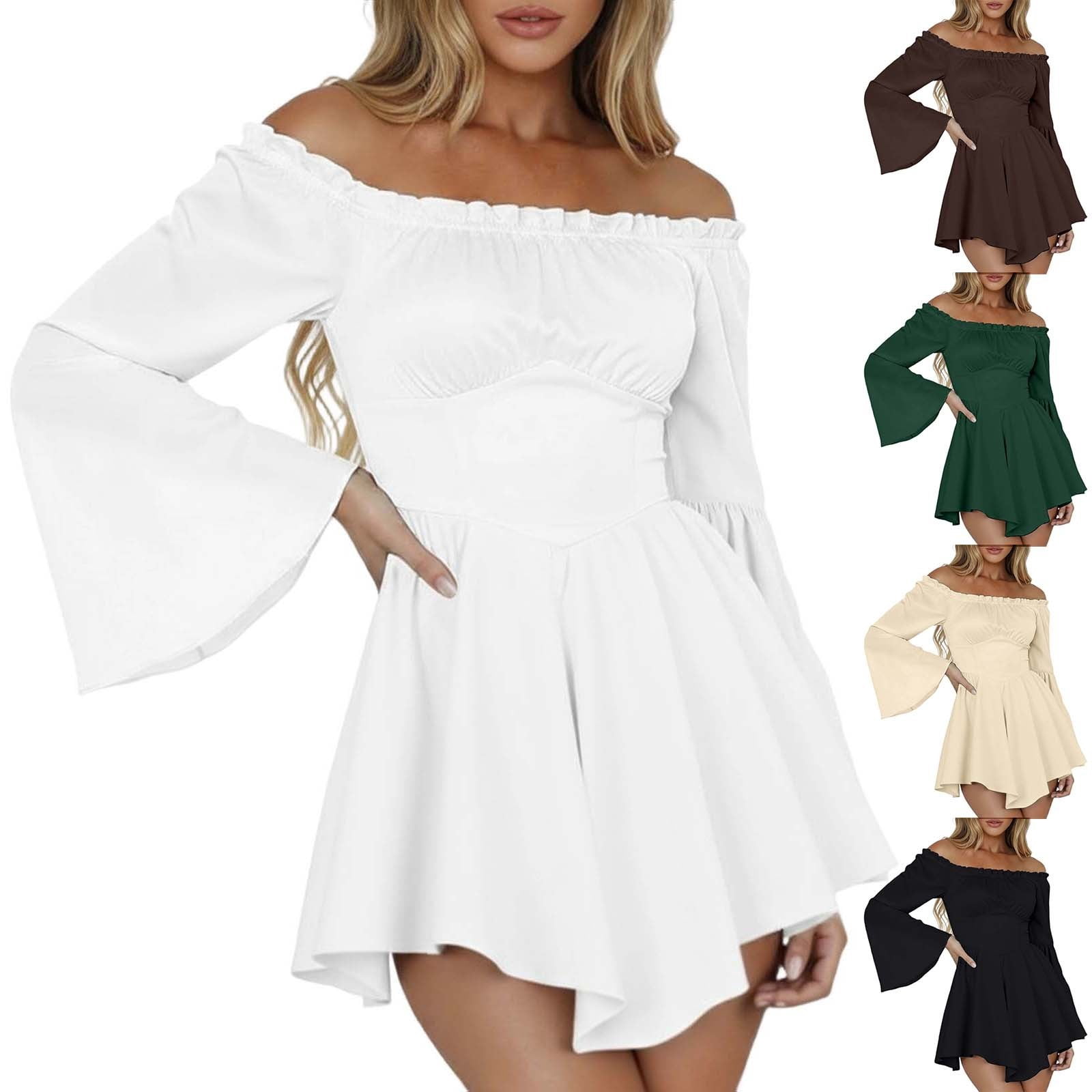 gcong Dresses for Women Puff Sleeve Romper Off Shoulder Ruffle Dresses ...