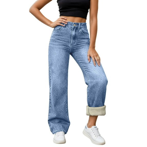 gcong Fleece Lined Jeans for Women High Waisted Baggy Straight Leg ...