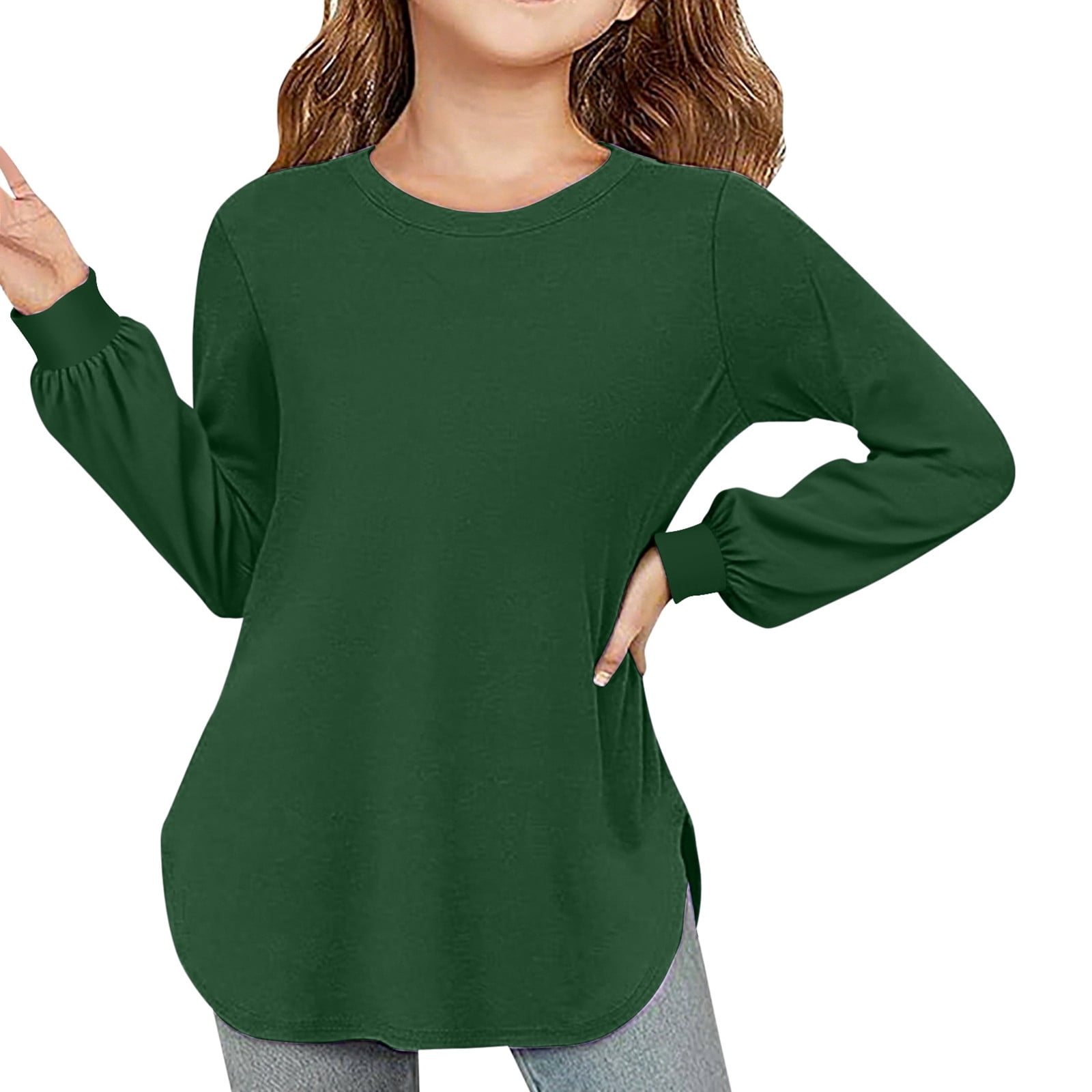 gcong Girls Long Sleeve Shirts Size 14-16 Kids Curve Hem Side Slit Soft ...