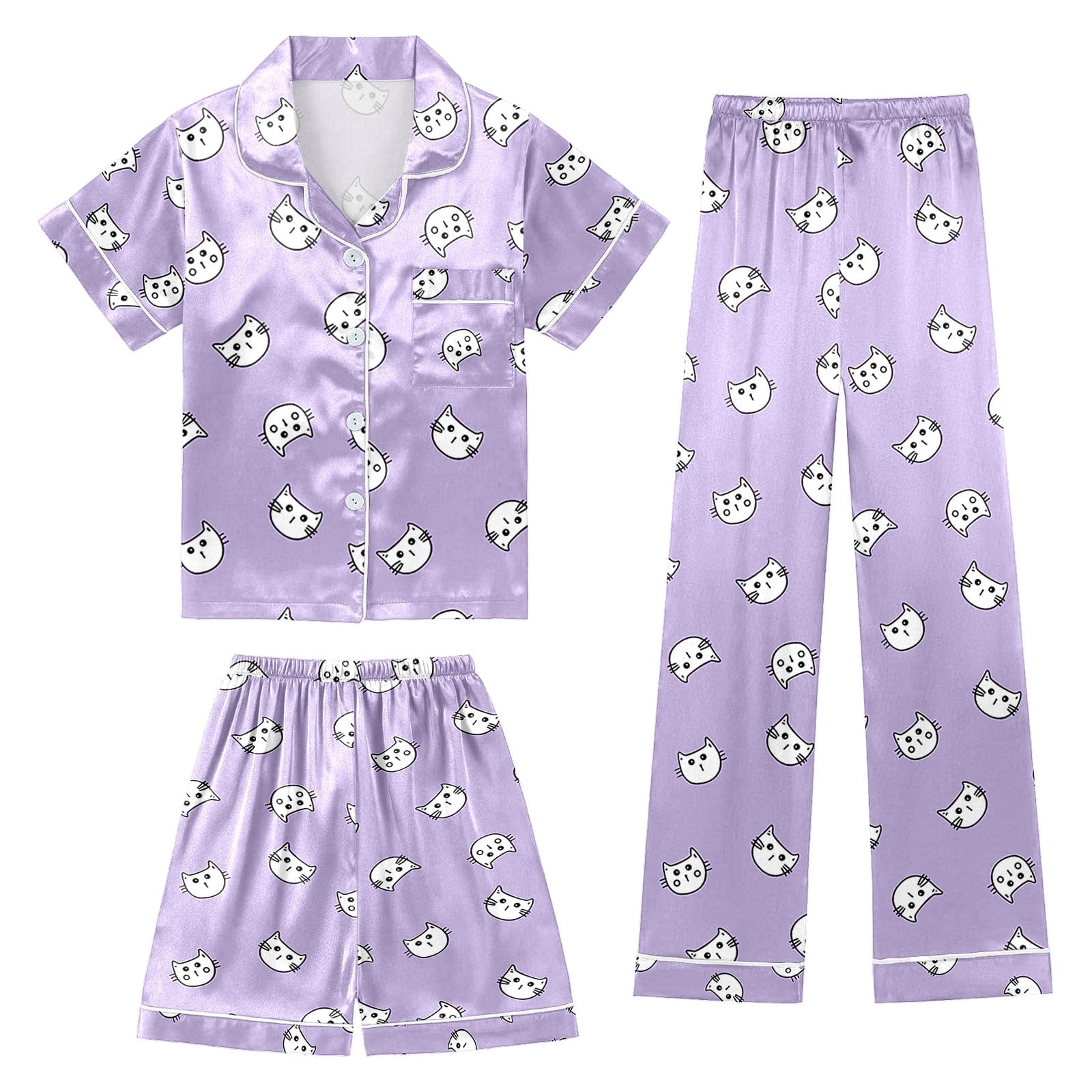gcong Girls Pajamas 3 Piece Set Button Down Pjs Short Sleeve Top Shorts ...