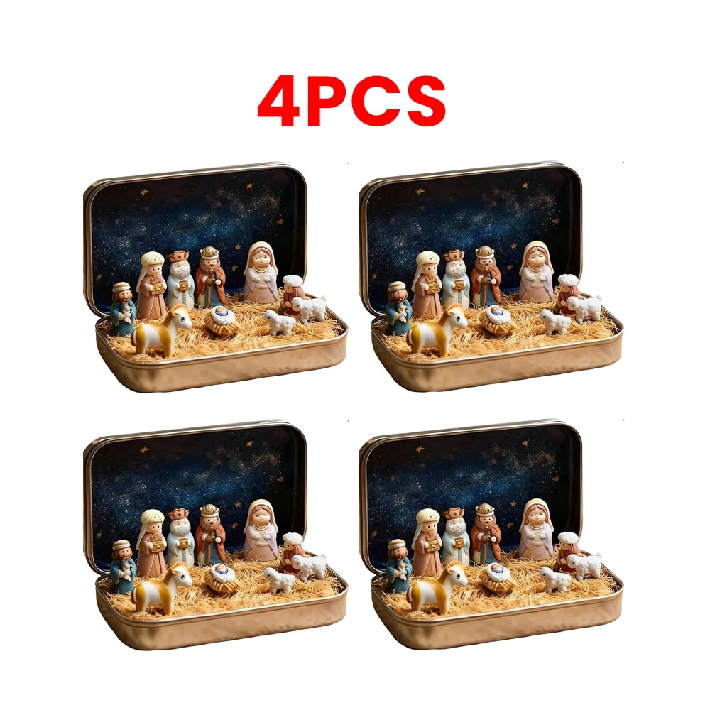 geerera 4Pcs Mini Christmas Nativity Set in a Tin Box, Christmas Gift ...