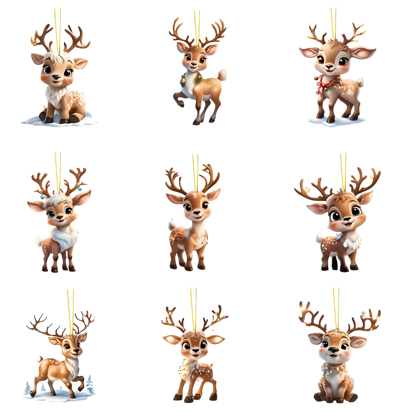 geerera 9 Pcs Cute Reindeer Christmas Ornaments, 2D Acrylic Xmas Tree ...