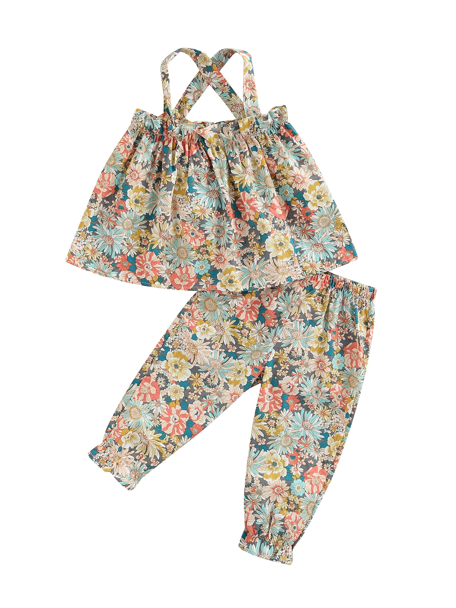 Sleeveless Tent Top Elastic Band Pant Floral Print Outfit Set (Little ...
