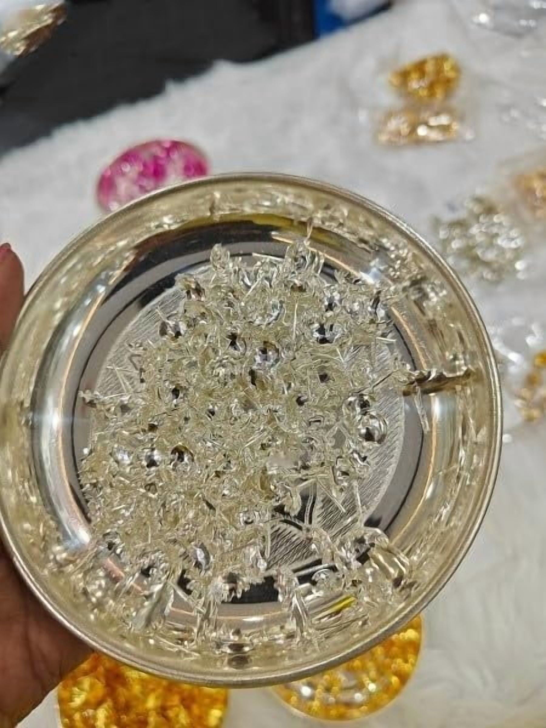 german silver 10 inches gold with ratna/stones maalaa for lakshmi ...