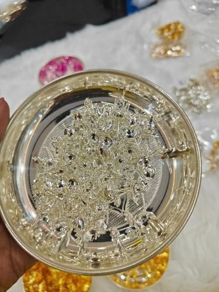 german silver 10 inches gold with ratna/stones maalaa for lakshmi ...