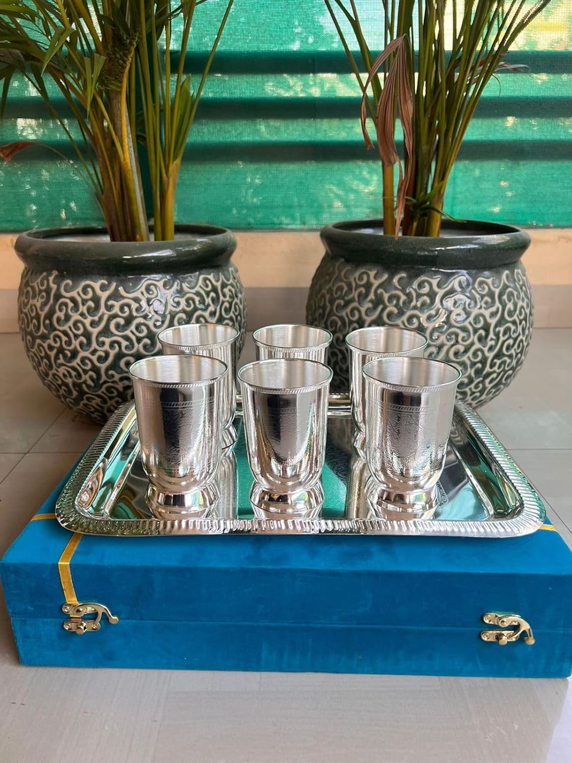 german silver 6 shiny super finish glass set with tray in a gift box ...