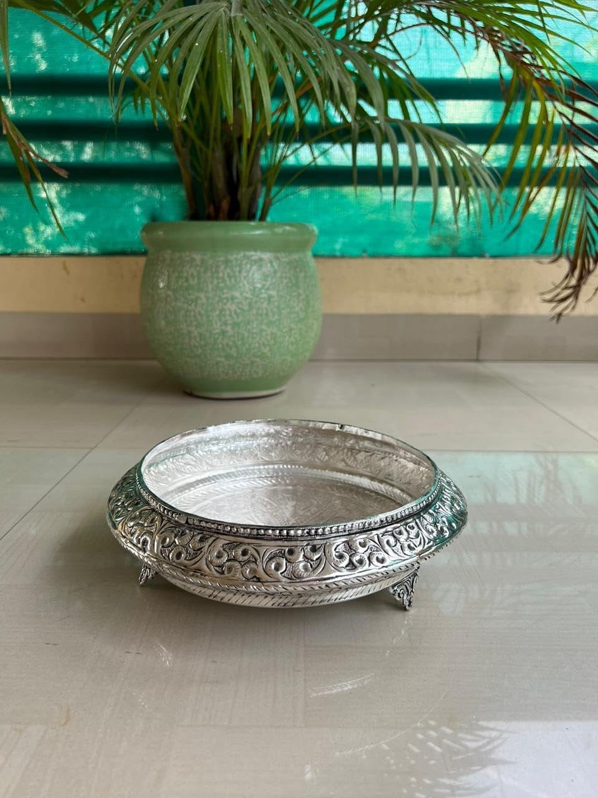 german silver Round urli with stands fully carved for home décor ...