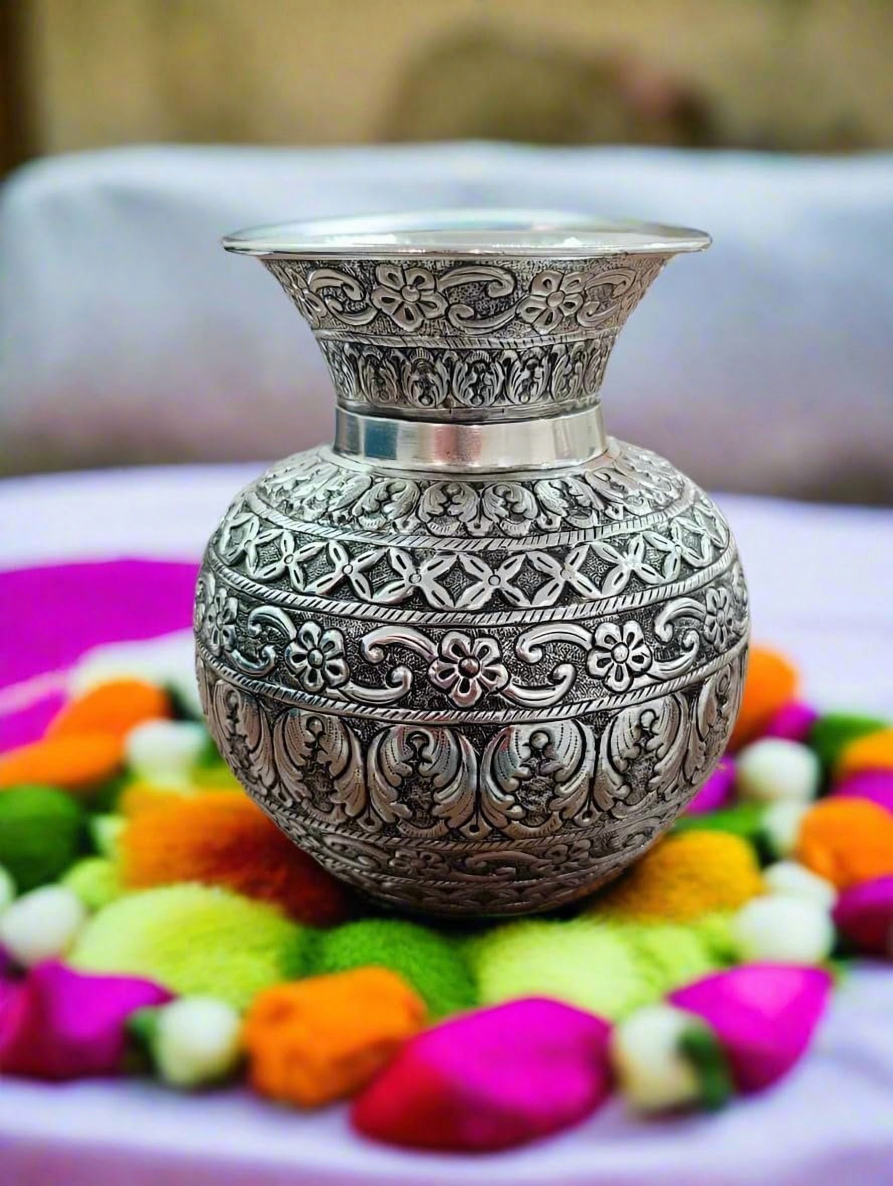 german silver fully carved kalash 7" big size for housewarming pooja ...