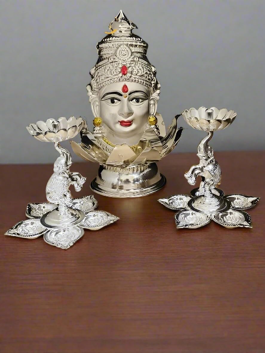 german silver lakshmi face/ mukut, 2 elephant diya, 1 lotus stand for ...